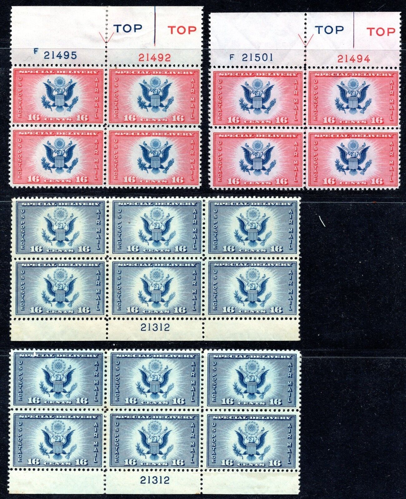 US 1934 Special Delivery AIR Mail SC Ce1-Ce2 Plate # Blocks of 6 TWO ...