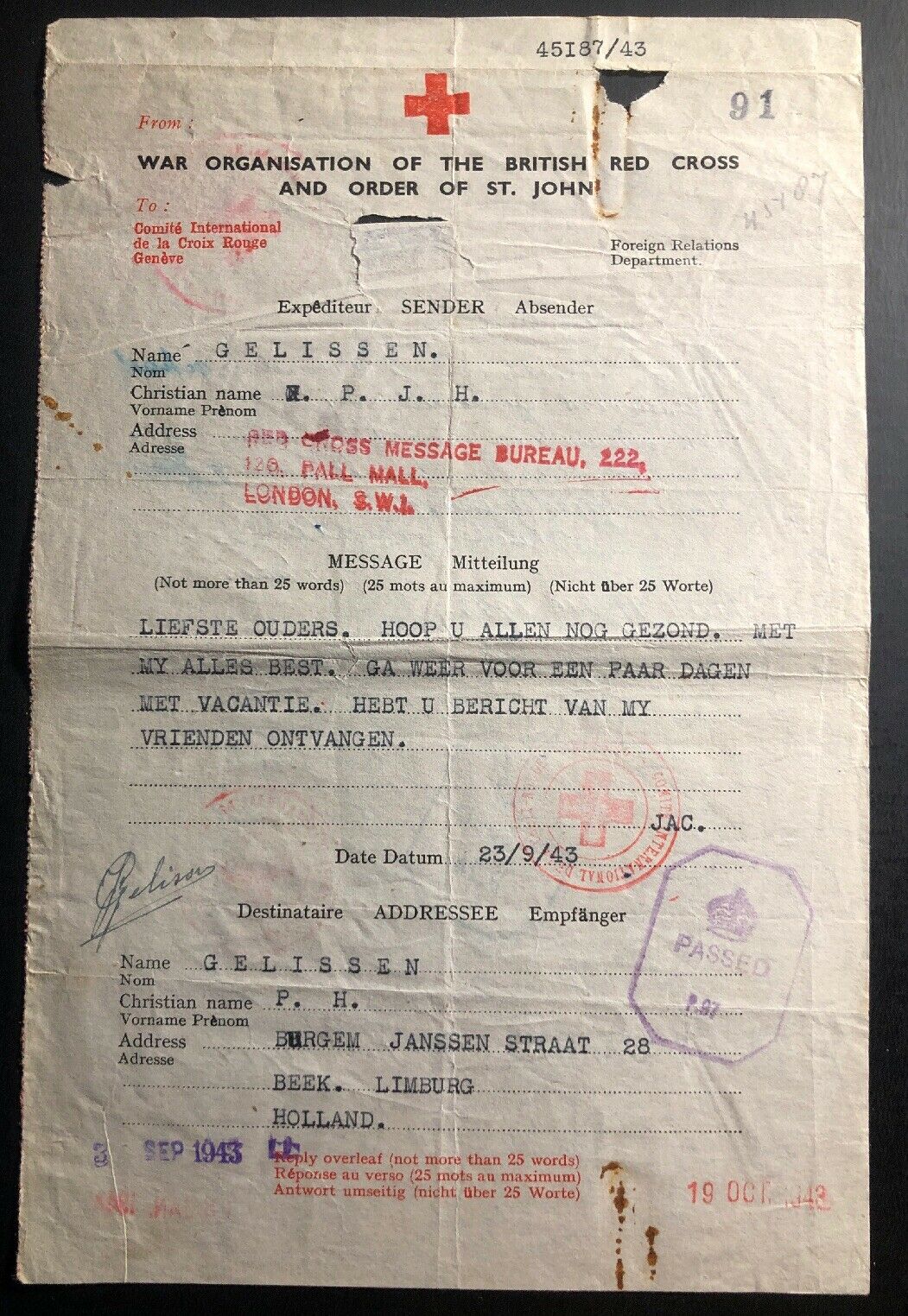 1943 London England Censored Red Cross Letter Sheet Cover Limburg ...