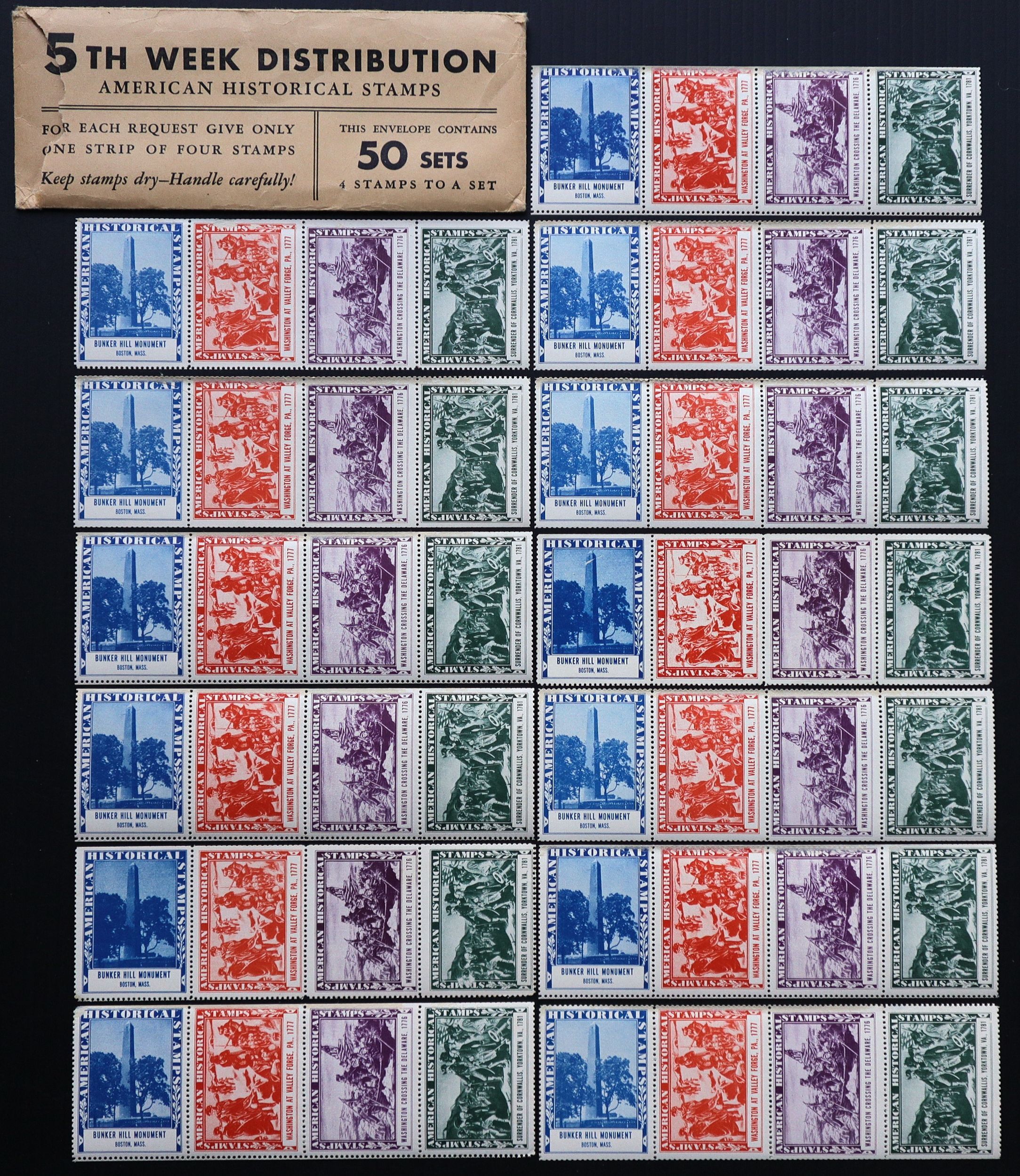 American Historical Stamps Strip/4 - Lot of 13 w/ Original Envelope ...