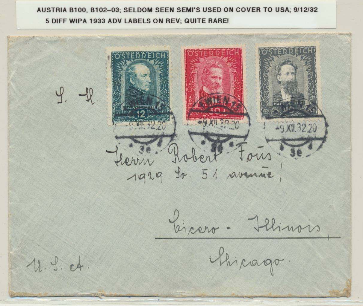 Austria 1932 Seldom Seen Semi Posts on Cover to Usa+ 5 Wipa Advert ...