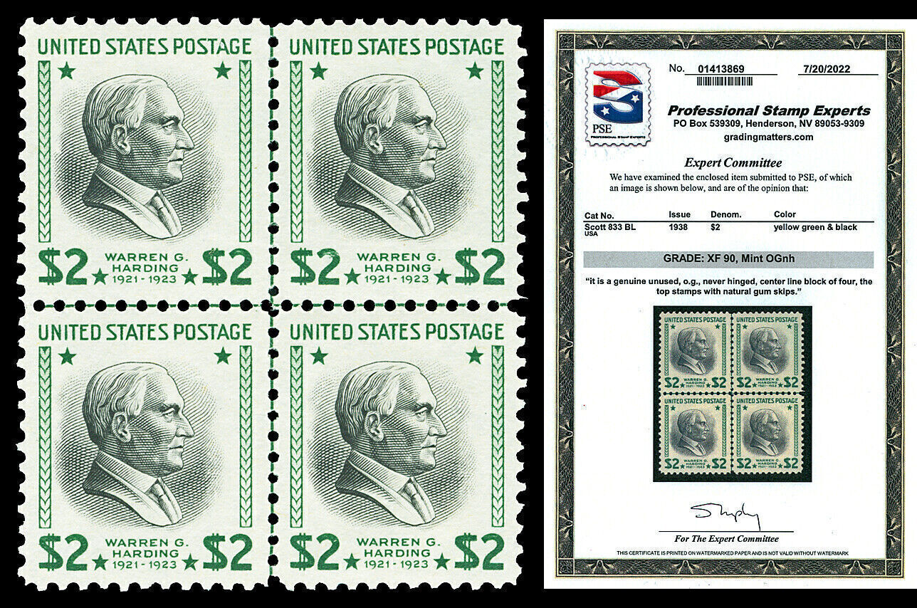 Scott 833 1938 $2.00 Harding Mint Center Line Block Graded XF 90 NH w ...