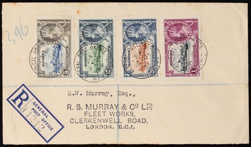 MAURITIUS 1935 cover franked KGV Silver Jubilee set. To London ...