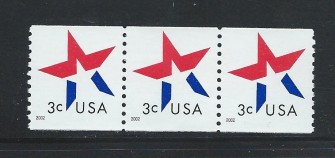 US Stamp #3615 MNH 3 Cent Star Coil Strip of 3 w/ BackNumber | United ...