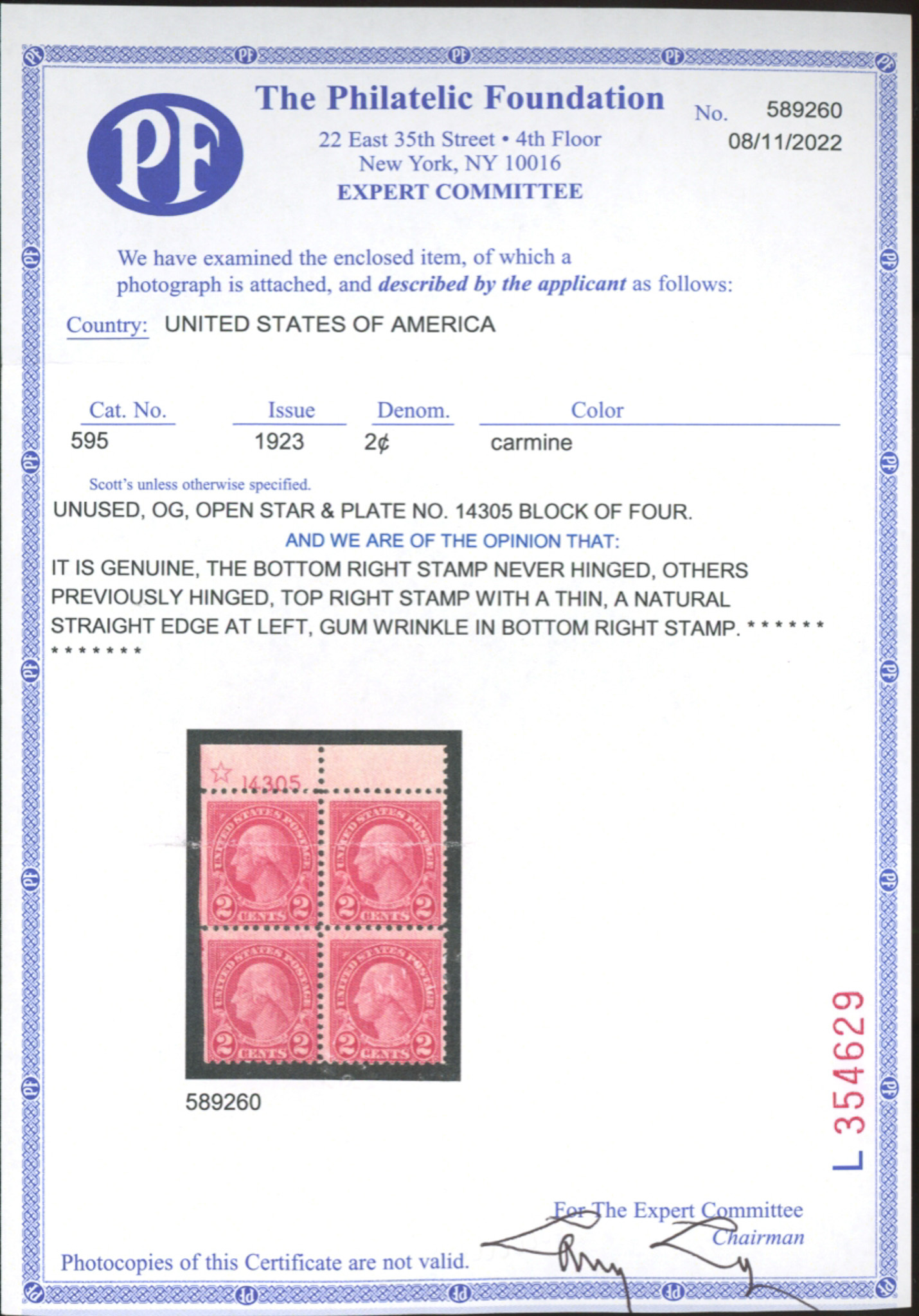 U.S. #595 Mint Star PL# Block of 4 With PF Cert OG Hinged | United ...