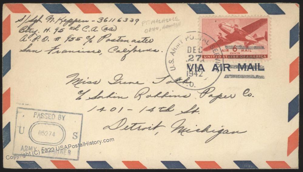Hawaii USA 1942 APO 955 Military Territorial Mail Cover 109135 | United ...