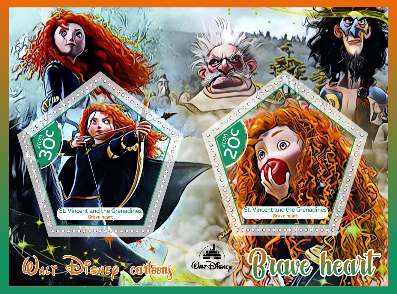 Stamps. Cartoons, Disney, Brave Heart 2020 year 1+1 sheets perforated ...