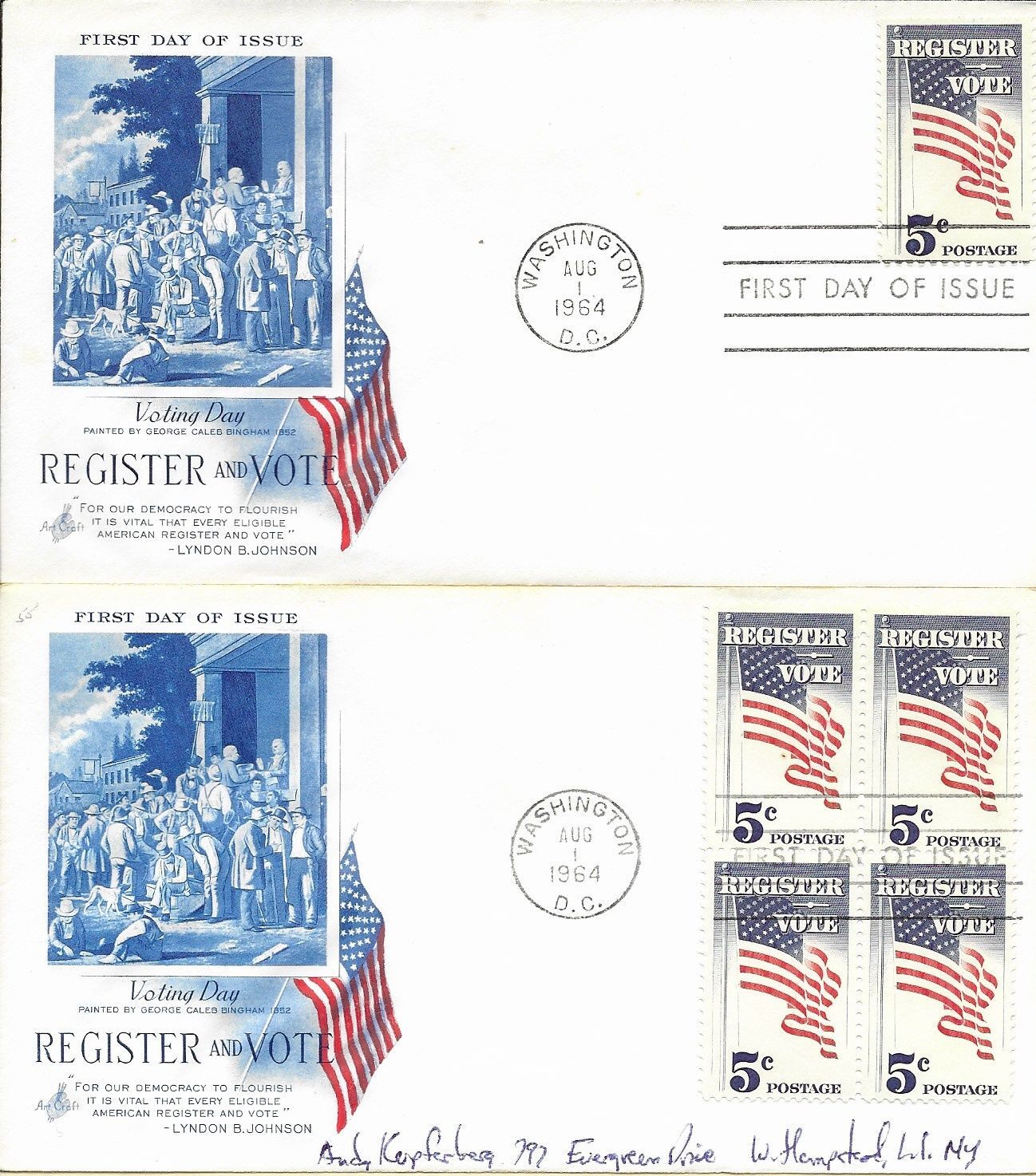 1964 FDC, #1249, 5c Register and Vote, Art Craft, single/block of 4 ...
