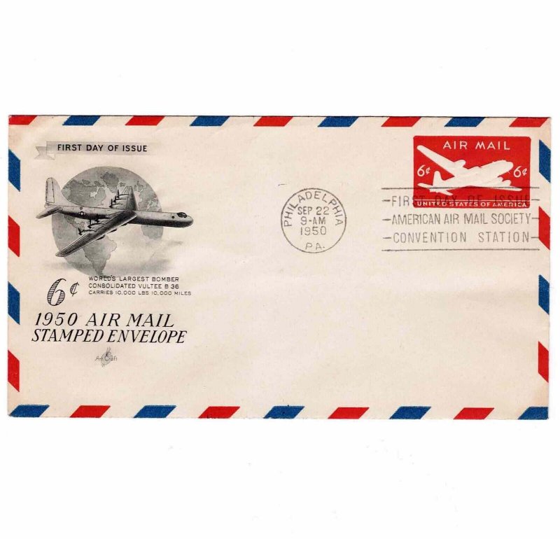 USA 1950 FDC Sc UC30a 6c Airmail Envelope Artcraft Cachet Philadelphia ...
