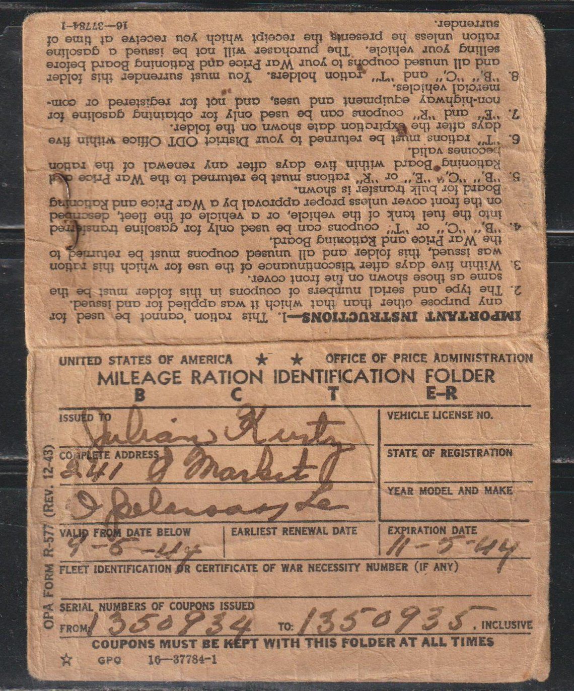 United States WWII Gas Ration Card with two stamps | United States ...