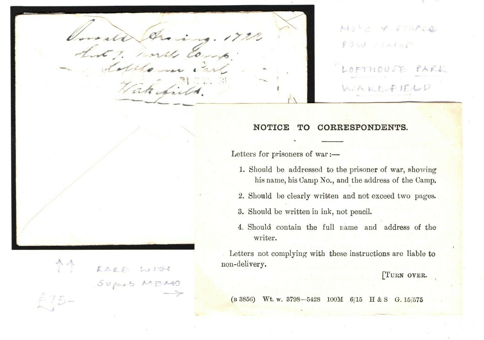 GB WW1 Cover Original *GPO POW MEMO* Censor Lofthouse Park 1918 ...