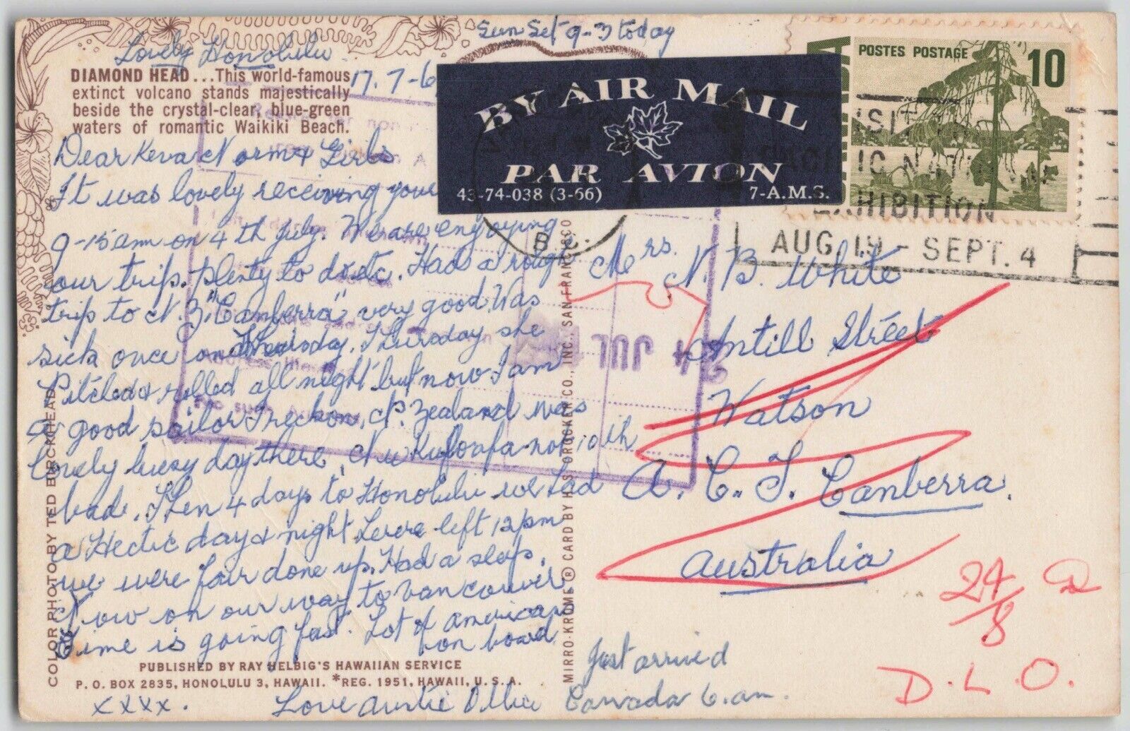 Canada c. 1967 Returned DLO Centennial Postcard Vancouver to Canberra ...