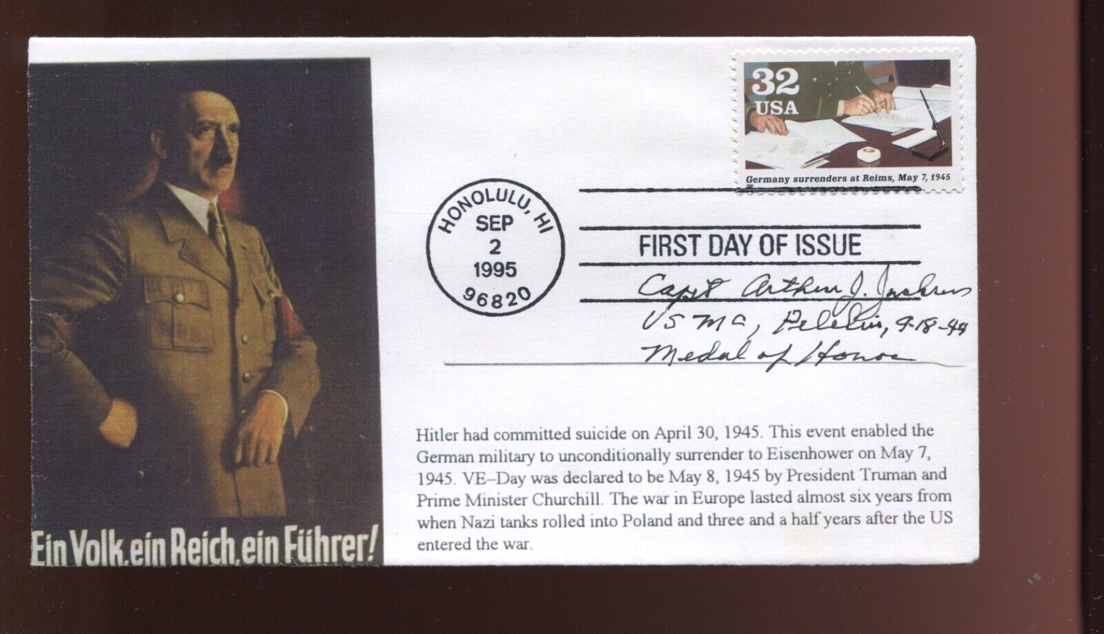 Arthur J Jackson Marines Medal of Honor Peleliu WW2 Signed Cover Dc2145 ...