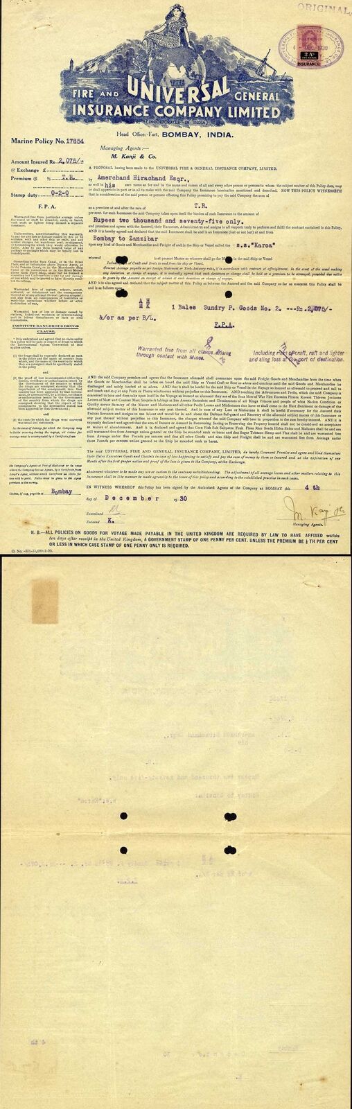 Universal Insurance Document with 2a stamp | Worldwide - Other, Stamp ...