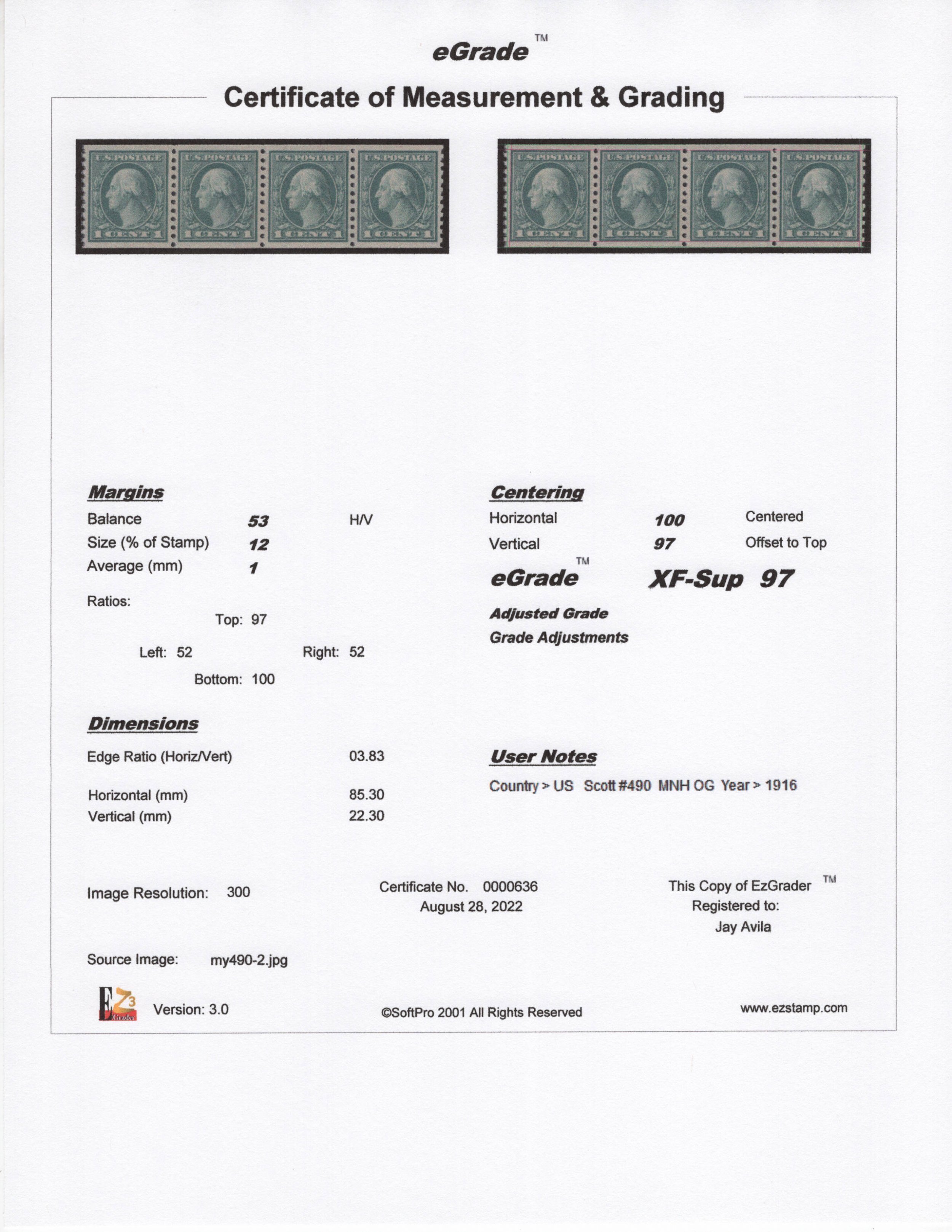 US Scott #490 MNH OG "Coil Strip of 4" eGraded With Certificate Superb ...