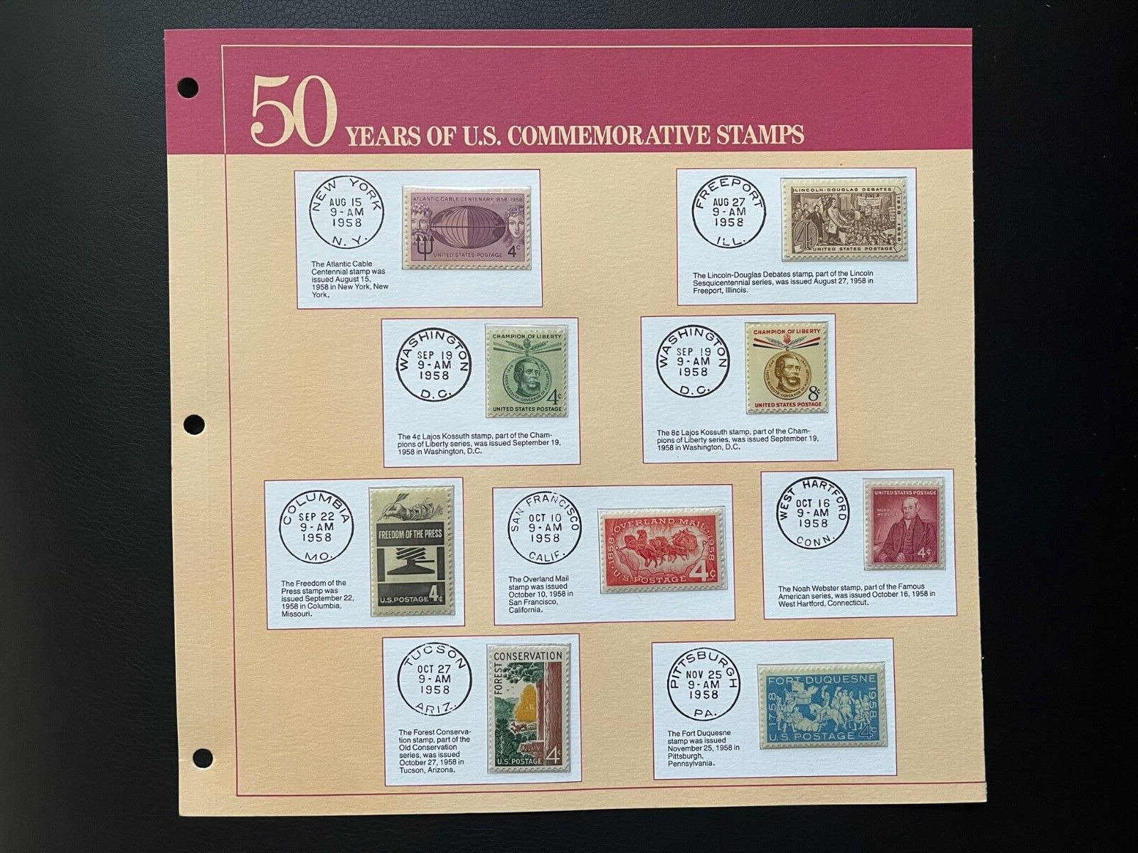 1958 50 YEARS OF U.S. COMMEMORATIVE STAMP Albums Panel of stamps ...