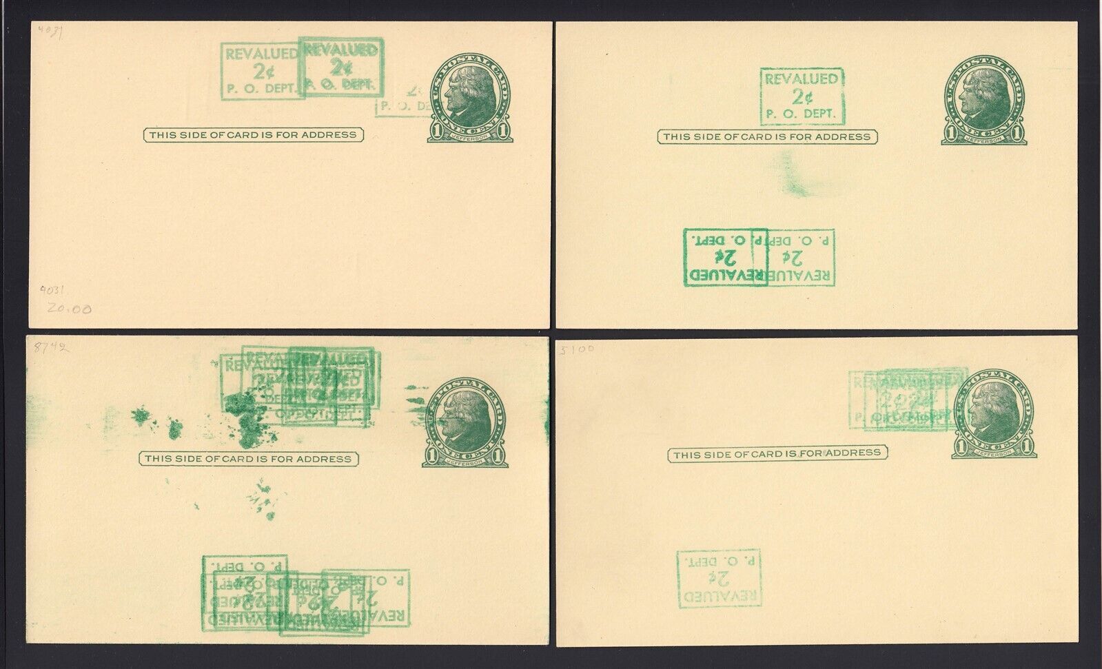 UX39 (4) Mint Postal Cards, MULTIPLE Surcharges Front/Back Group #12 ...