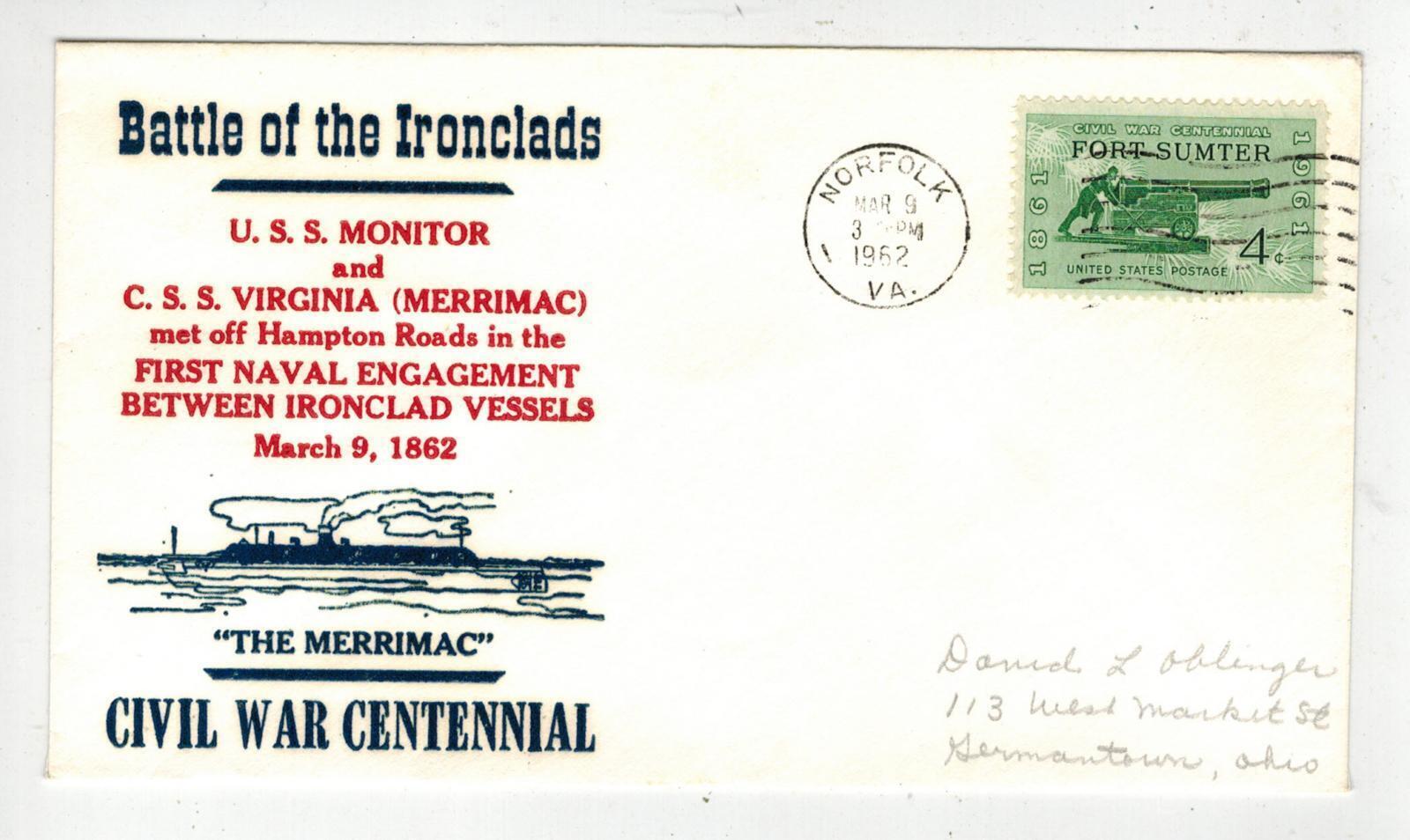 1962 Civil WAR 100th Fancy Cachet Virginia Battle of the Ironclads USS ...