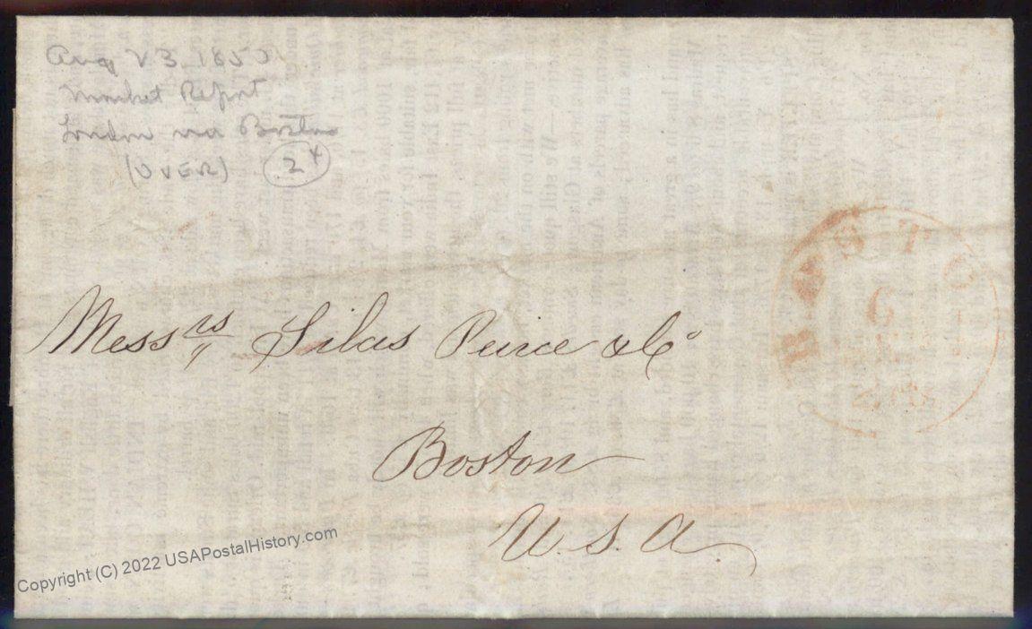 London 1850 Hibernia Boston Forwarding Agent TW Ward Cover ...
