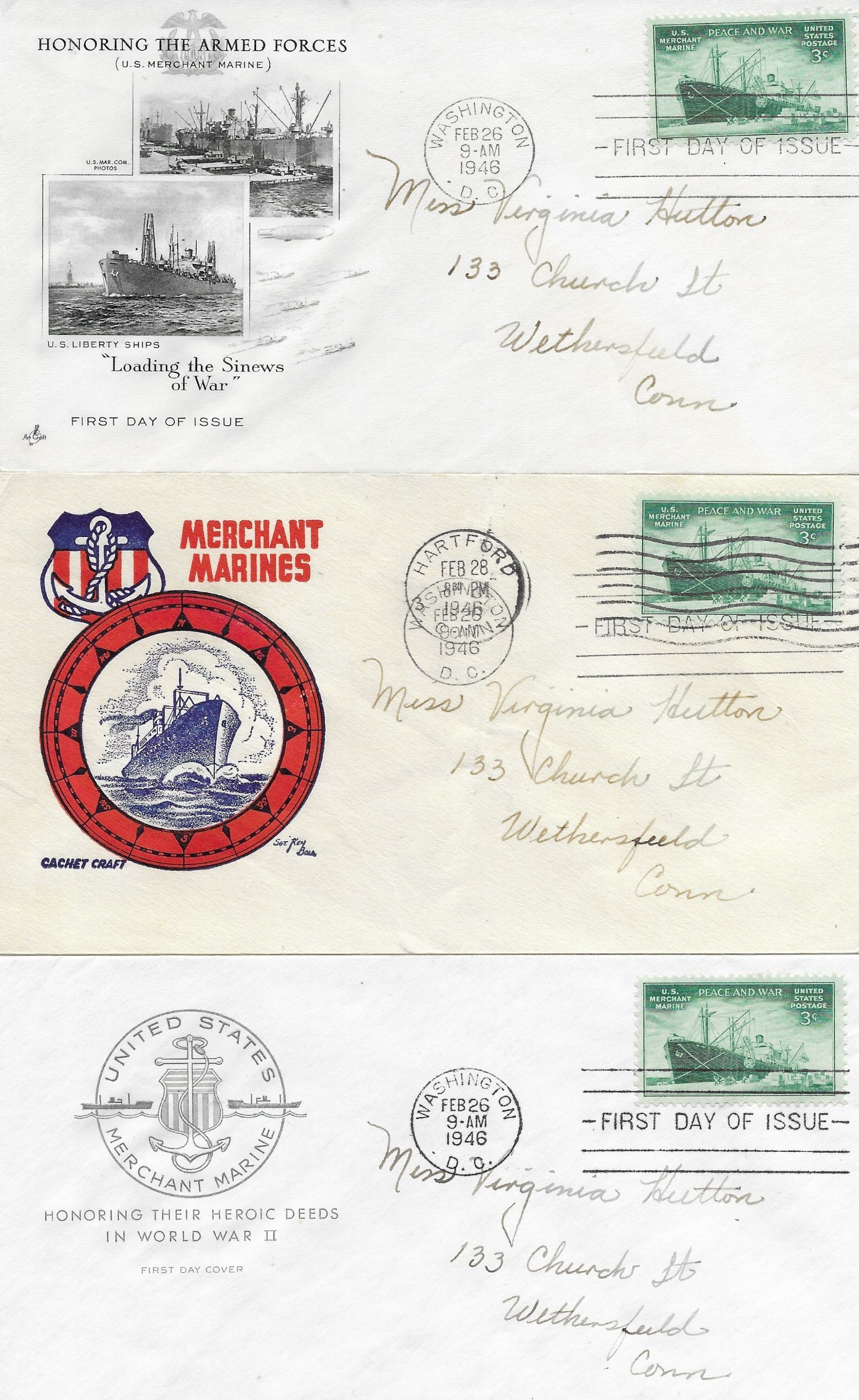 1946 FDC, #939, 3c U.S. Merchant Marine, 3 diff. cachets | United ...