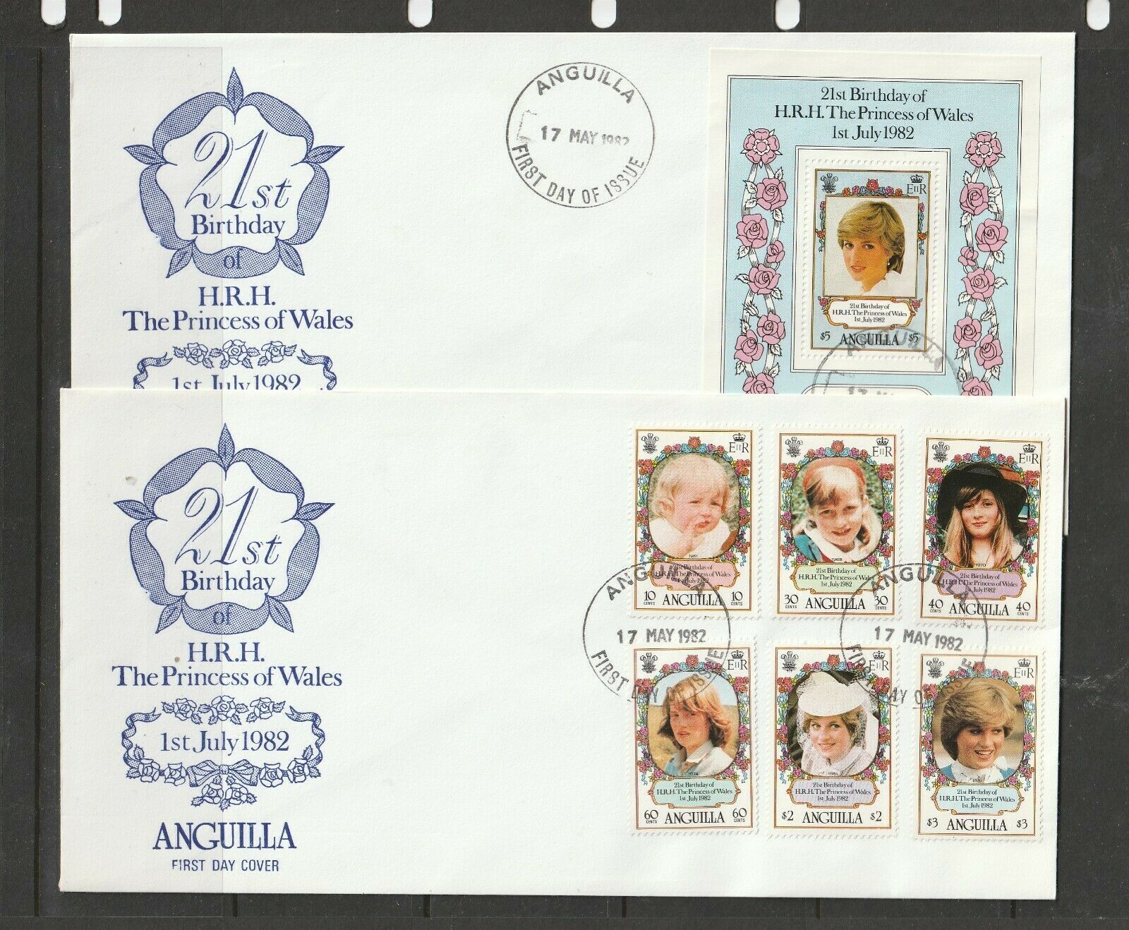 Anguilla 1982 21st Birthday, Diana, set & Minisheet on 2 Illus FDCs ...