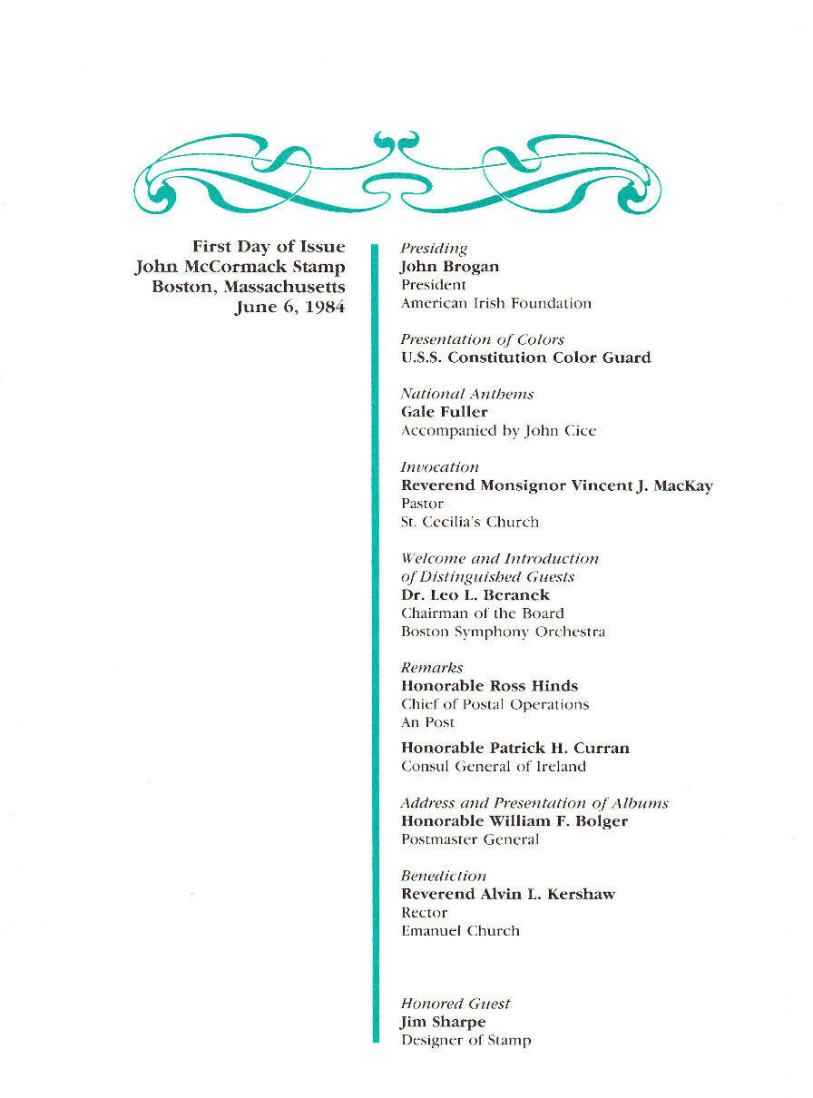USPS 1st Day of Issue Ceremony Program 2090 John McCormack Joint Issue ...
