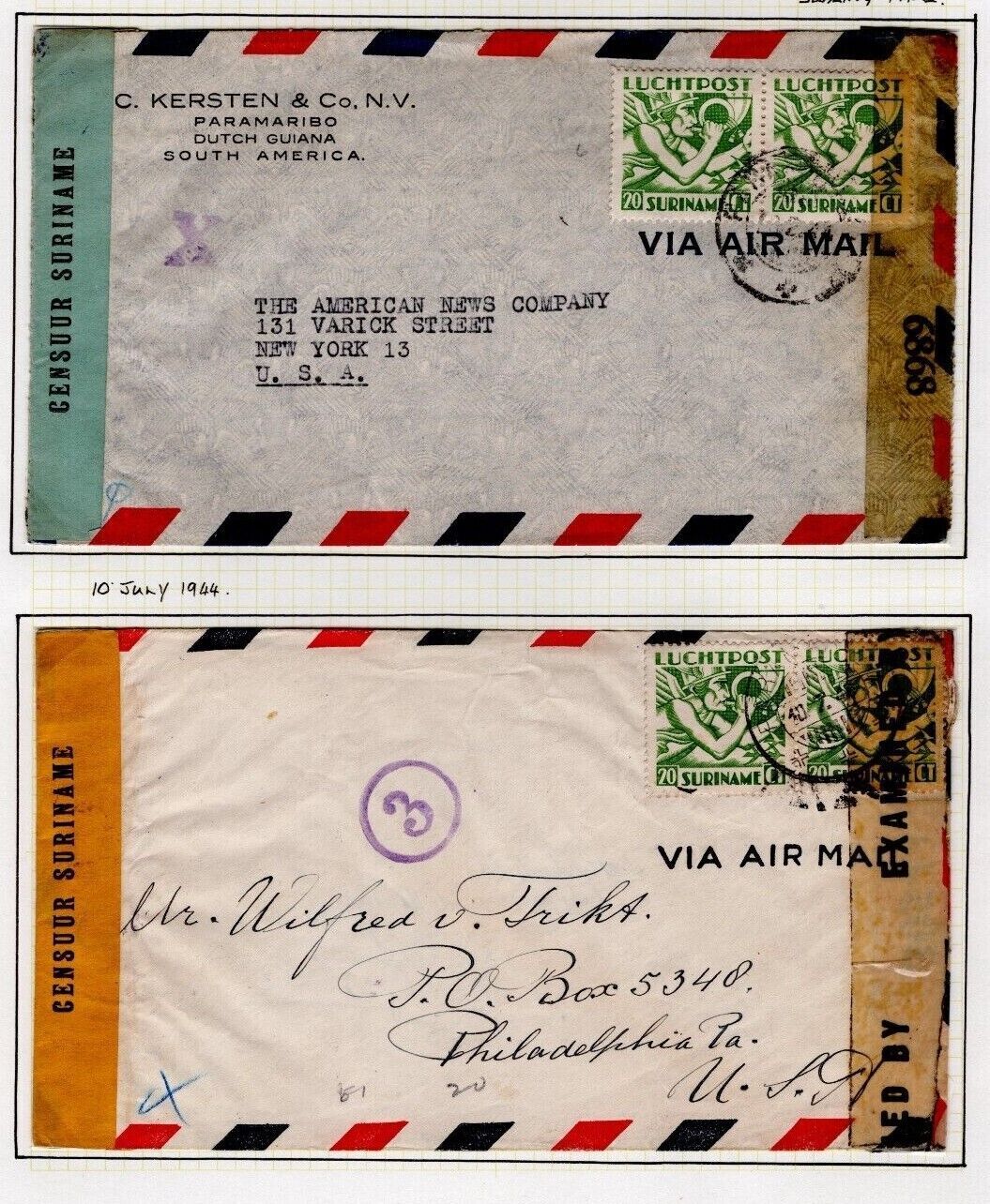 Dutch Cols SURINAME WW2 Covers{2} CENSOR TAPES Different Colours 1944 ...