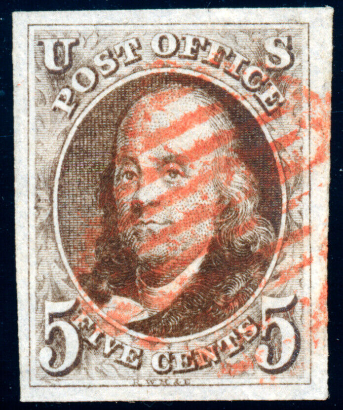 US 1a 5c 1847 Benjamin Franklin red grid cancel PSAG grade 95 | United ...