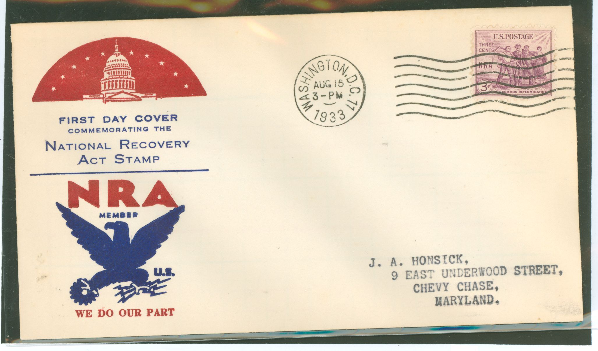 US 732 1933 3c National Recovery Act single on an addressed first day ...