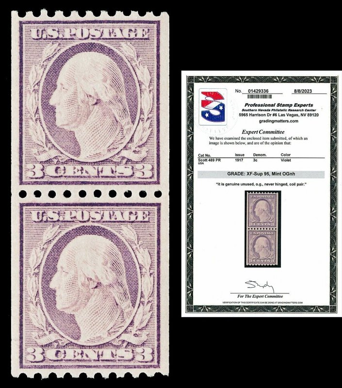 Scott 489 1917 3c Washington Coil Pair Mint Graded XF-Sup 95 NH with ...