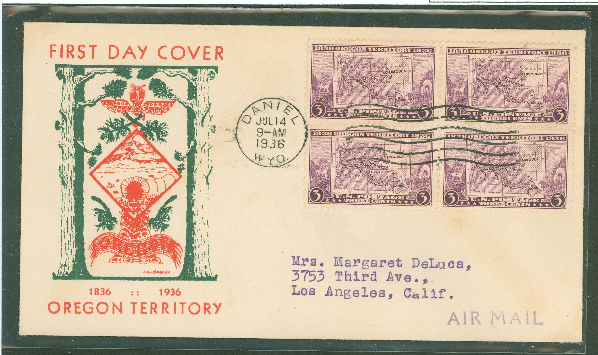 US 783 1936 3c Oregon Territory Centennial (block of four) on an ...