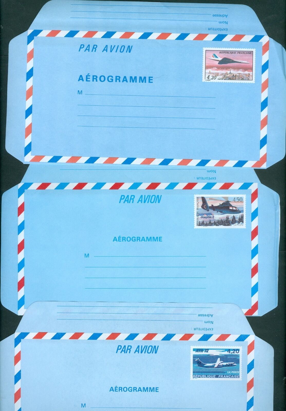 France. 3 Stationery Aerogram . Aircraft. Concorde, Dauphin 2, ATR 72 ...
