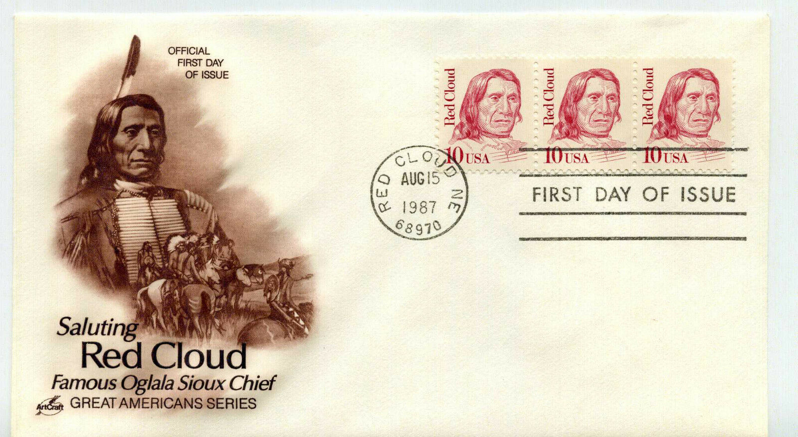 2175 10c Red Cloud, ArtCraft strip of 3 FDC | United States, General ...