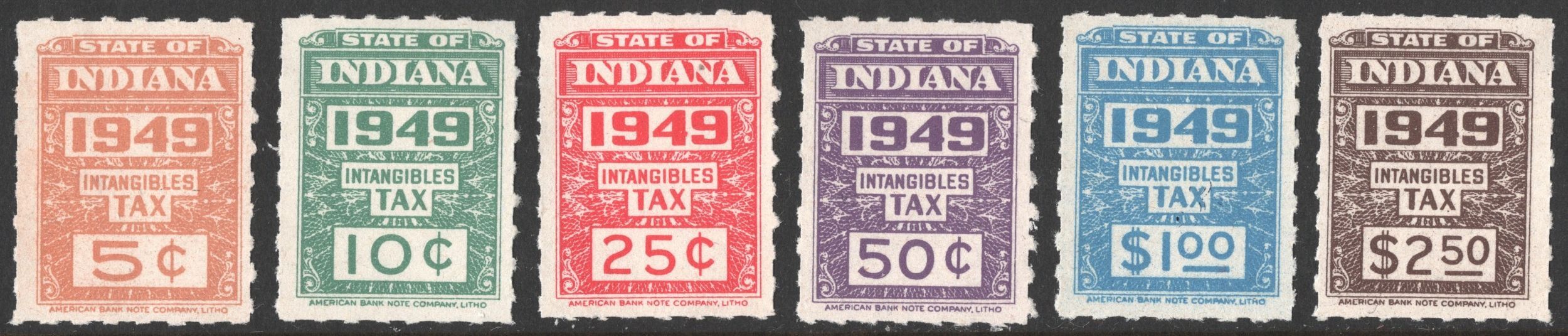 SRS IN D137-143 5¢-$2.50 Indiana Intangible Tax Revenue Stamps (1949 ...