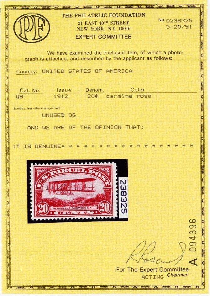 Q8, Mint VF NH 20¢ Parcel Post Stamp With PFC Certificate - Stuart Katz ...