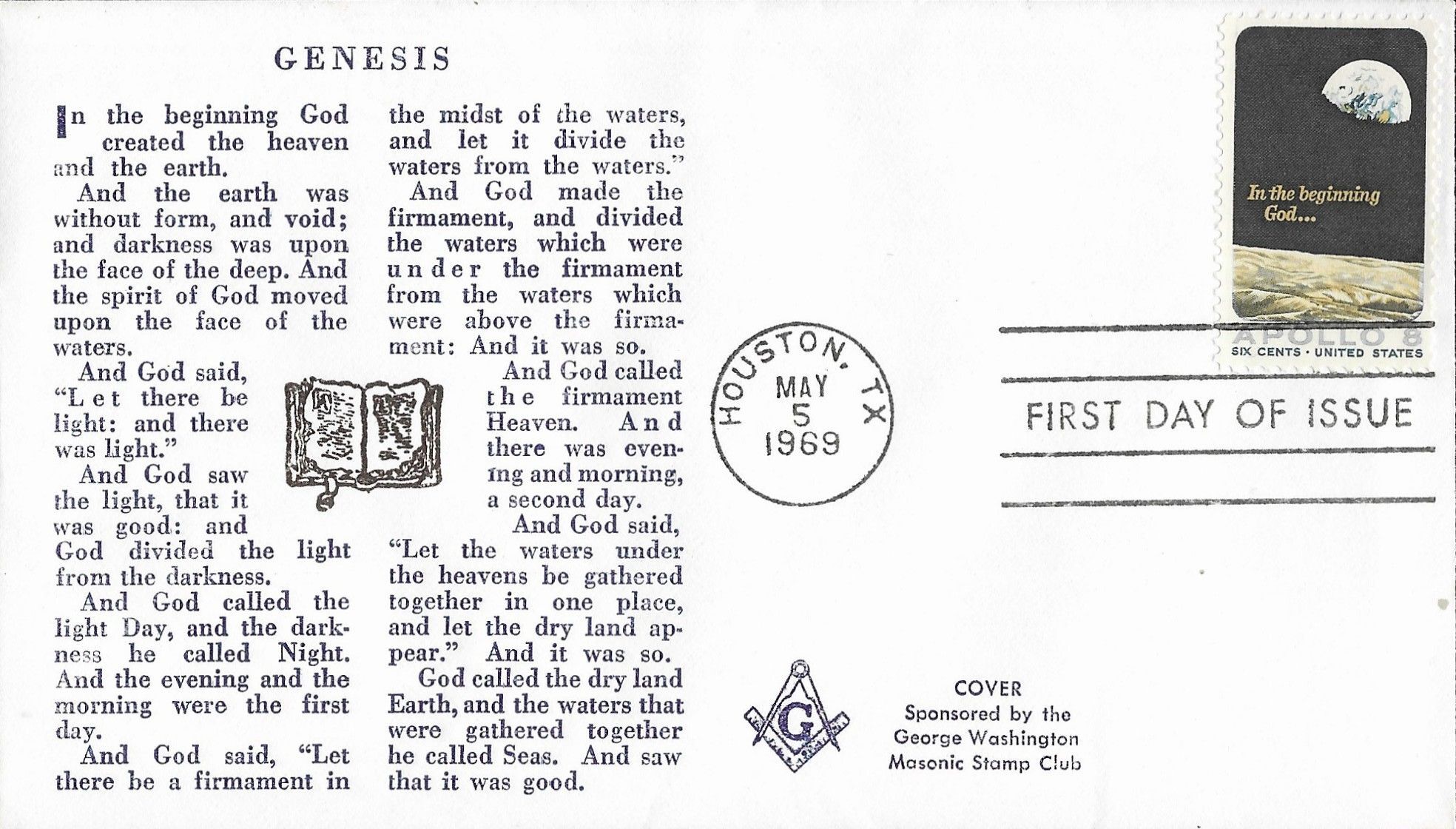 1969 FDC, #1371, 6c Apollo 8, George Washington Masonic Stamp Club ...