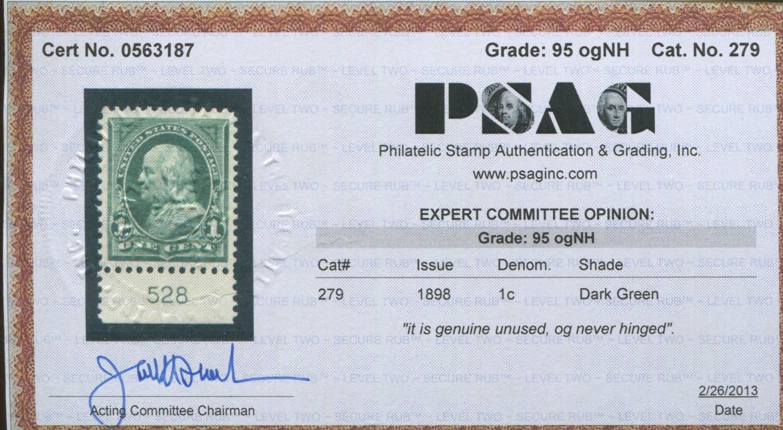 1898 US Stamp #279 1c Mint XF Grade 95 Original Gum Never Hinged ...