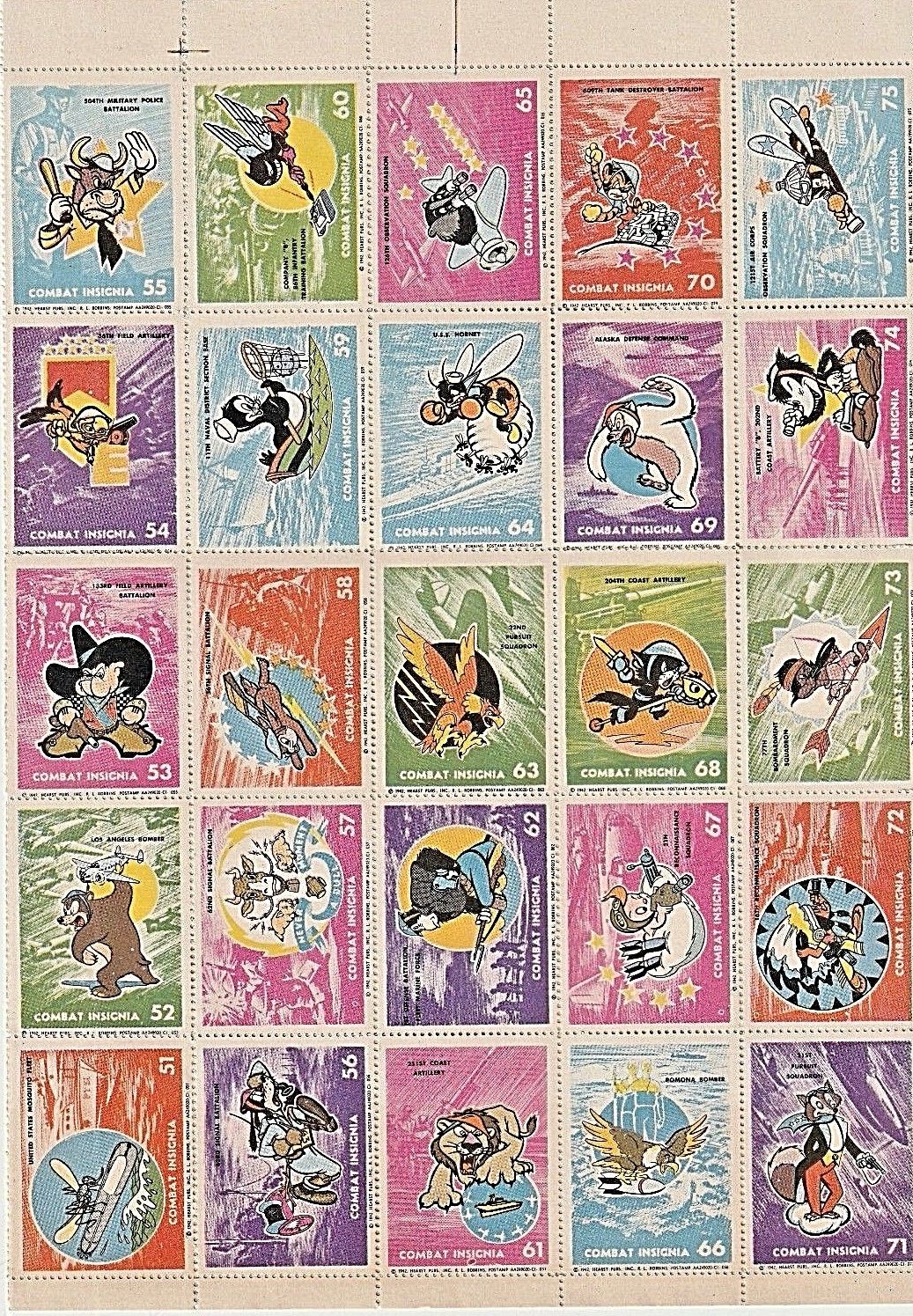 Rare WW2 US Forces Insignia, Complete sheet of 51 US Poster Stamps ...