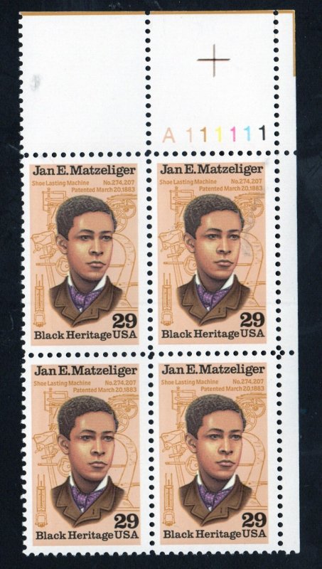 SC# 2567 - (29c) - Jan E. Matzeliger, inventor, MNH Plate Block/4 - UR ...