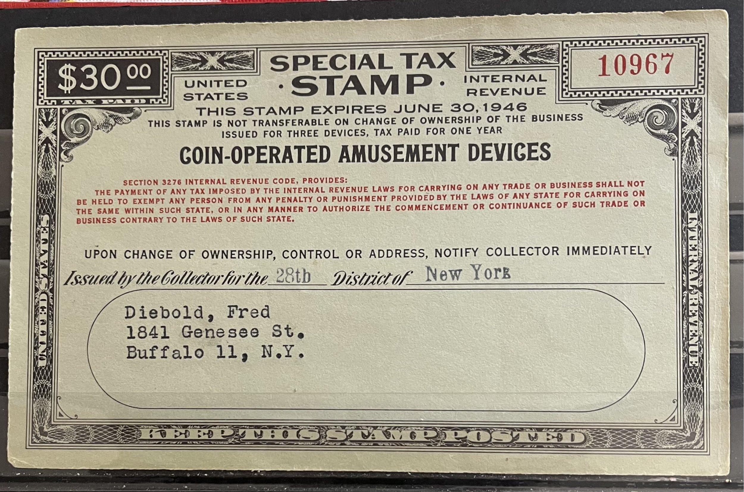 U.S.- Tax Stamp- Amusement Devices- Buffalo, NY- 1946 | United States ...