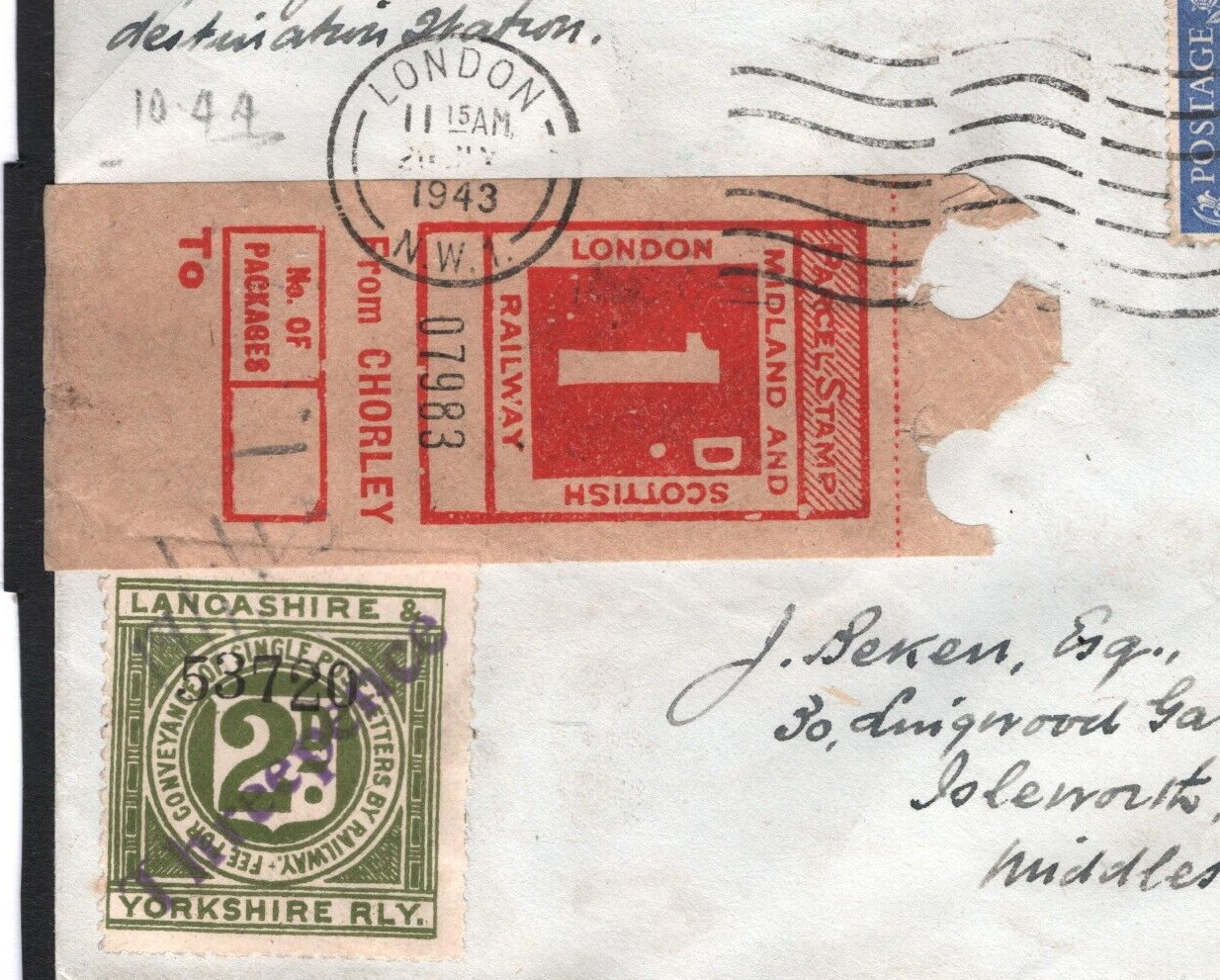 GB KGVI WW2 1943 Cover LMS RAILWAY Late Use 3d LANCS & YORKS Letter ...