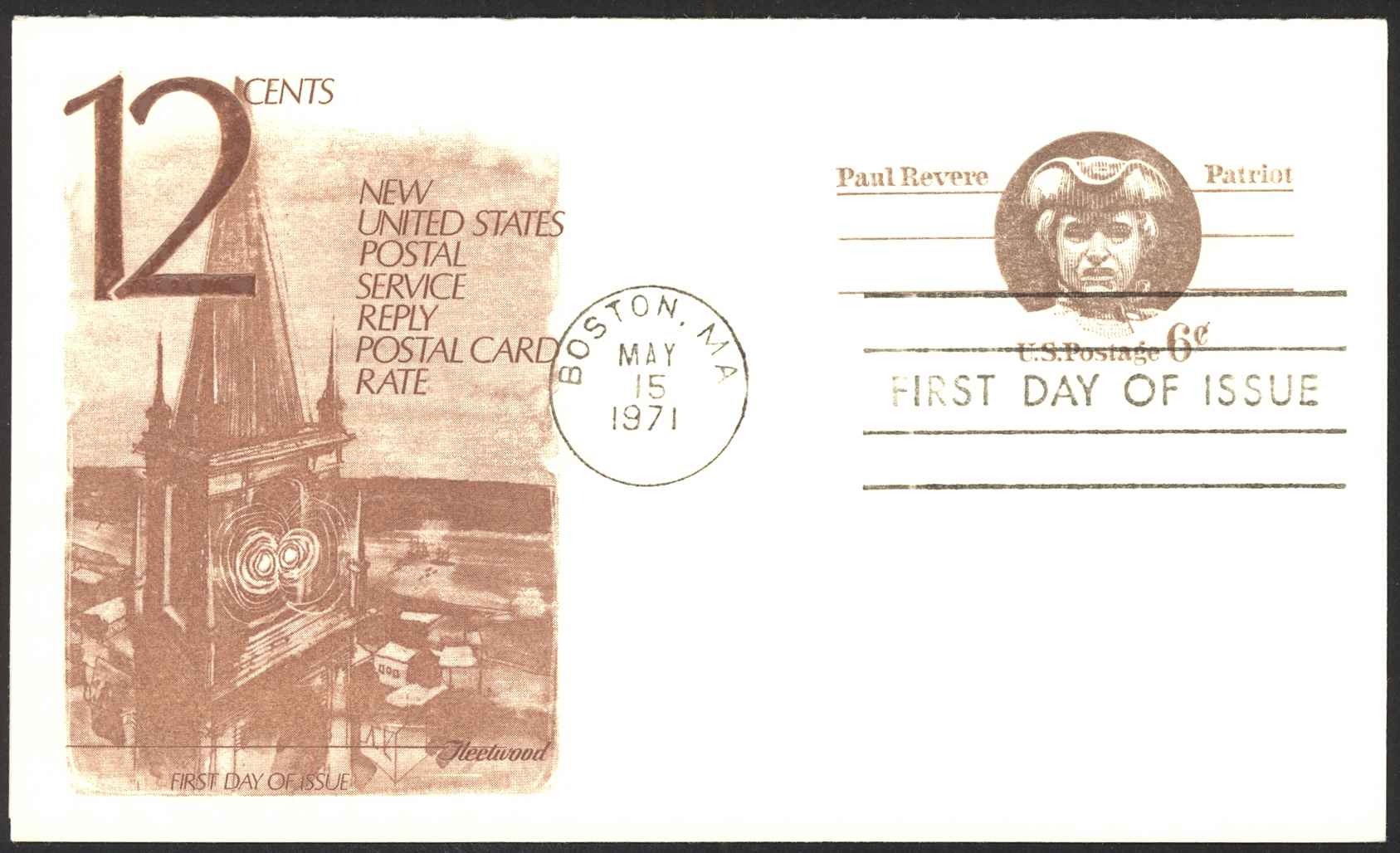 USA Sc# UY22 FDC Paid Reply Postal Card (a) (Boston, MA) 1971 5.15 Paul ...