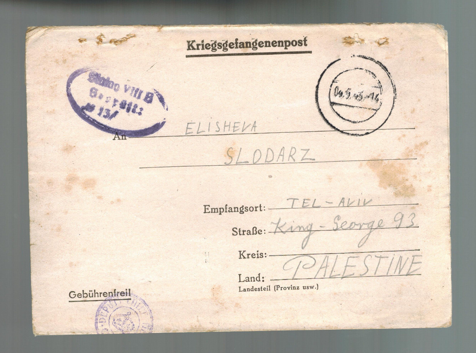 1943 Germany England Army POW Camp Letter Cover Stalag 8B to Palestine ...