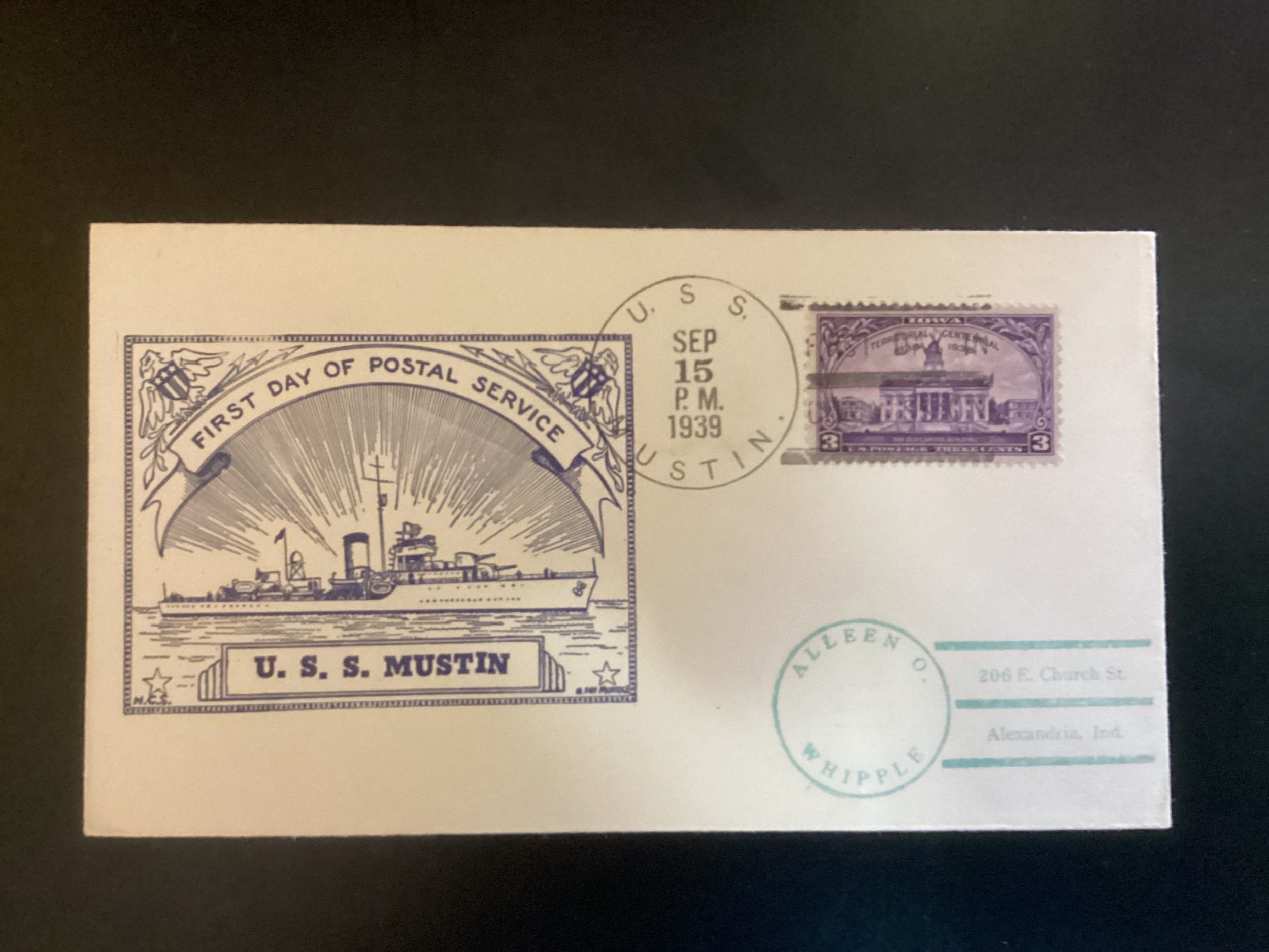 9/15/1939 Cover USS Mustin 1st Day of Postal Service Sunk as target ...