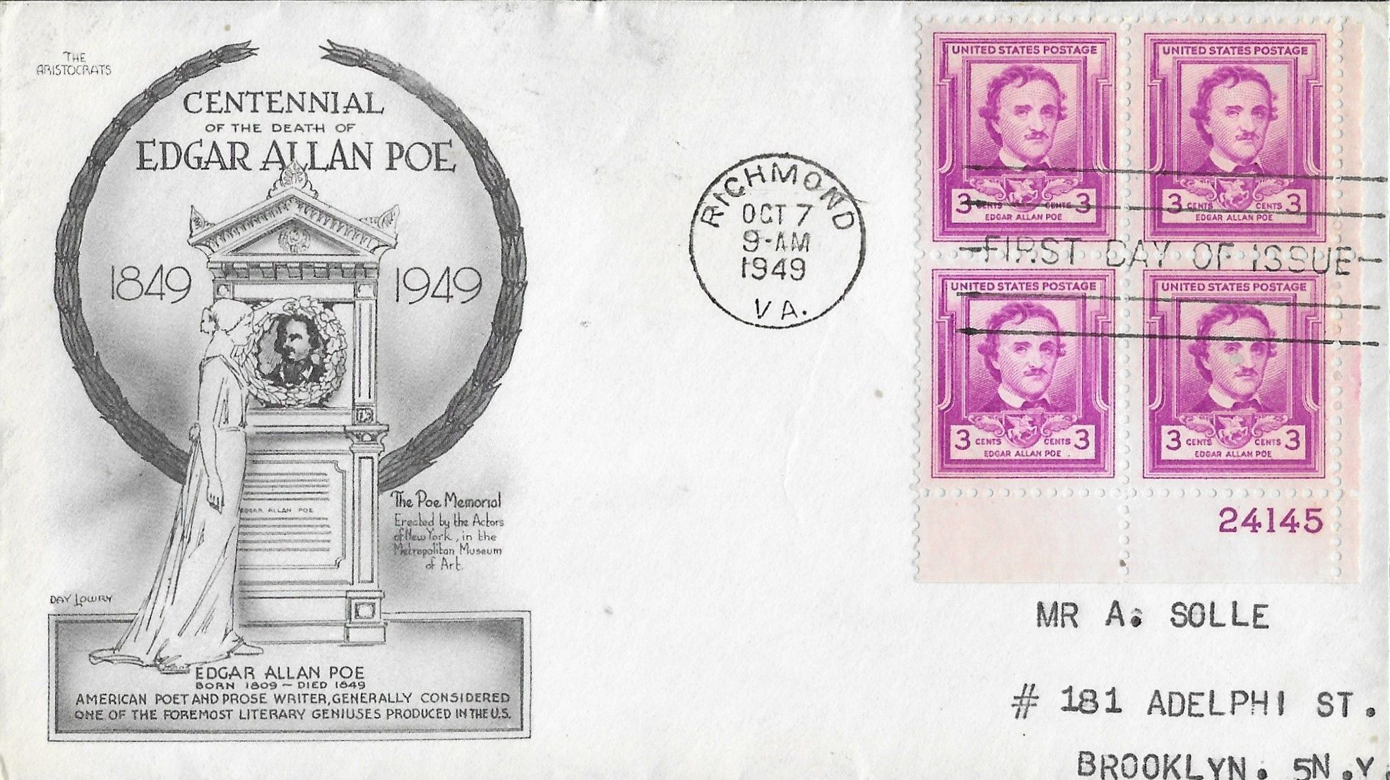 1949 FDC, #986, 3c Edgar Alan Poe, Aristocrats-Lowry, plate block of 4 ...