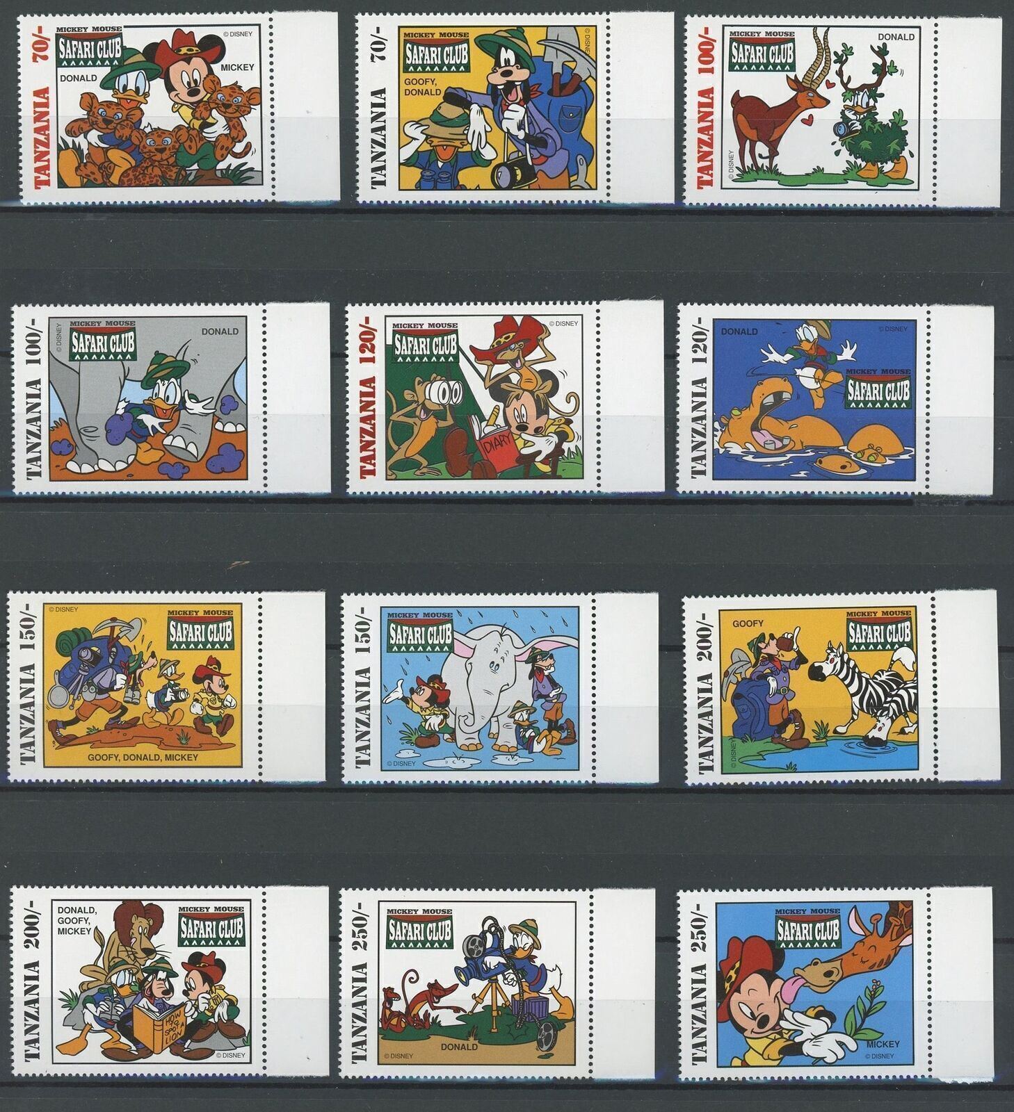 Disney Stamps Mickey Mouse's Safari Club Serie Set of 12 Stamps Mint NH ...