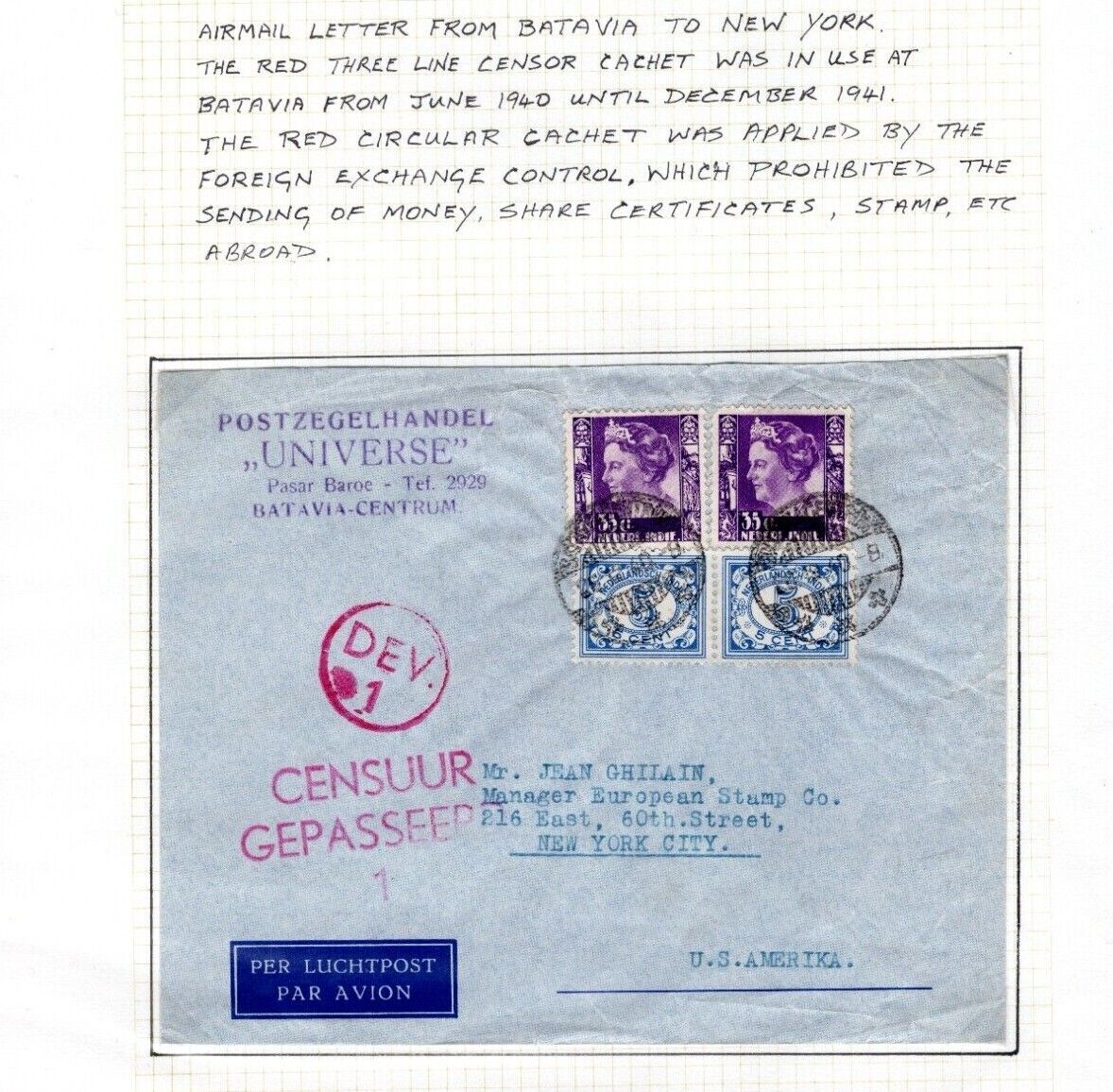 DUTCH EAST INDIES WW2 Cover 1940 Air Mail Batavia Censor *DEV/1* USA ...