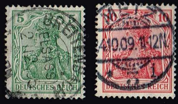 Germany 1902,Sc.#67 + 68 used, Germania with imperial crown, hatched ...