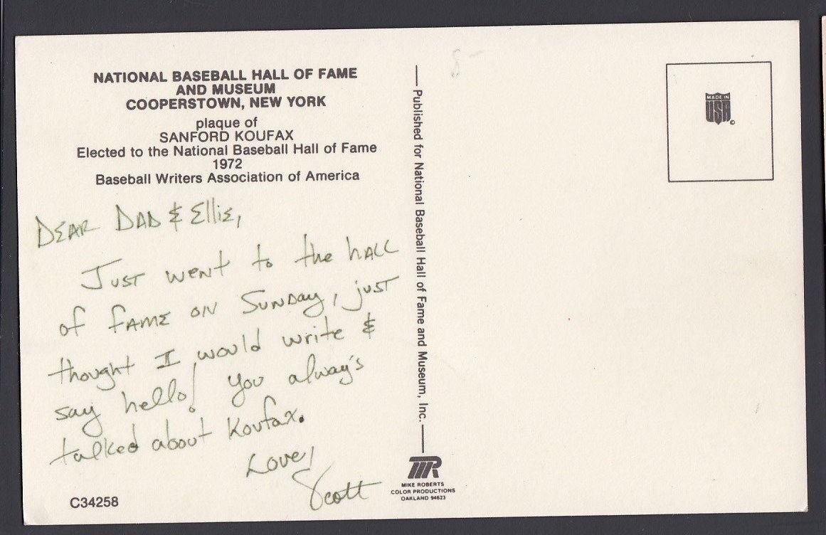 USA 1972 'Sandy' Koufax National Baseball Hall of Fame Postcard ...