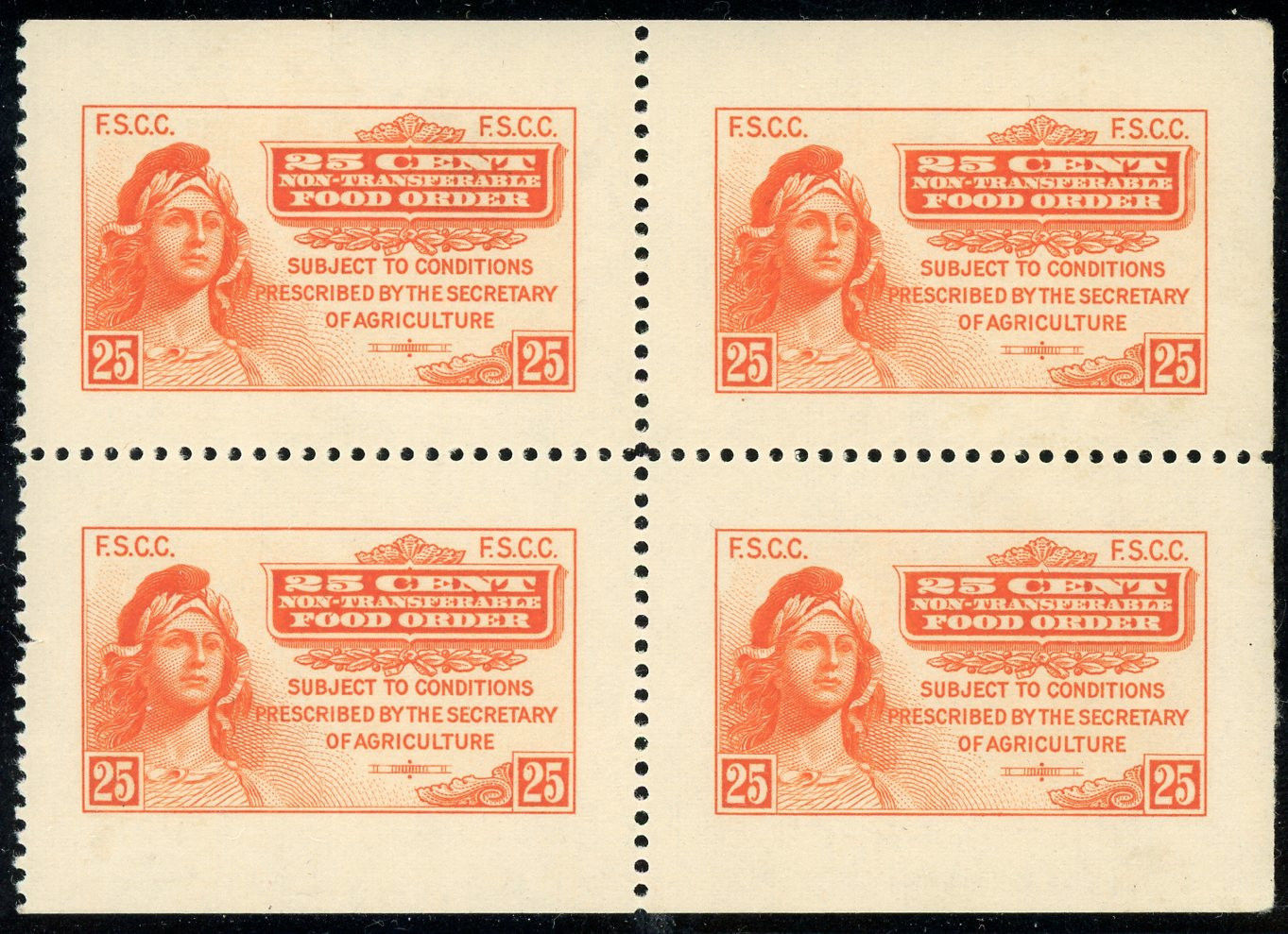 25 Cent Non Transferable Surplus Food Order Stamp ~ Pane Of 4/ Orange ...