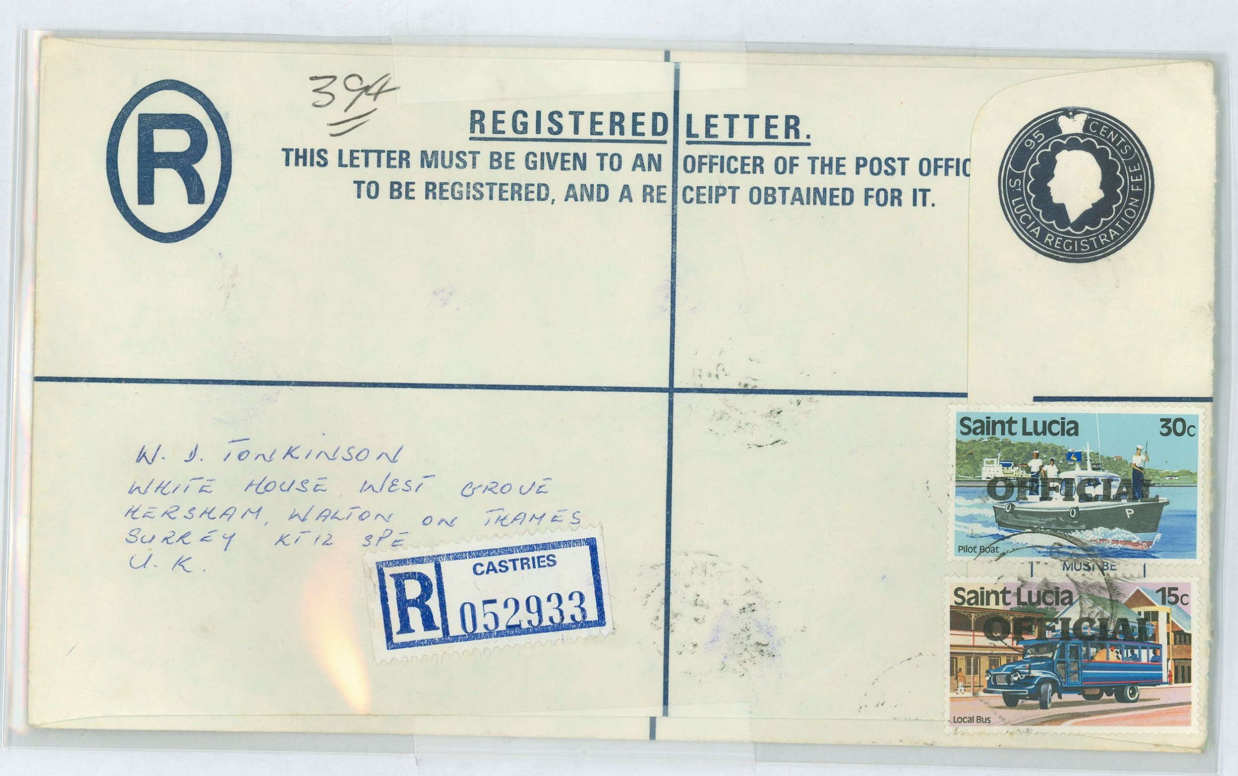 St. Lucia QE II 95c reg. env., size H, official stamps | Caribbean - St ...